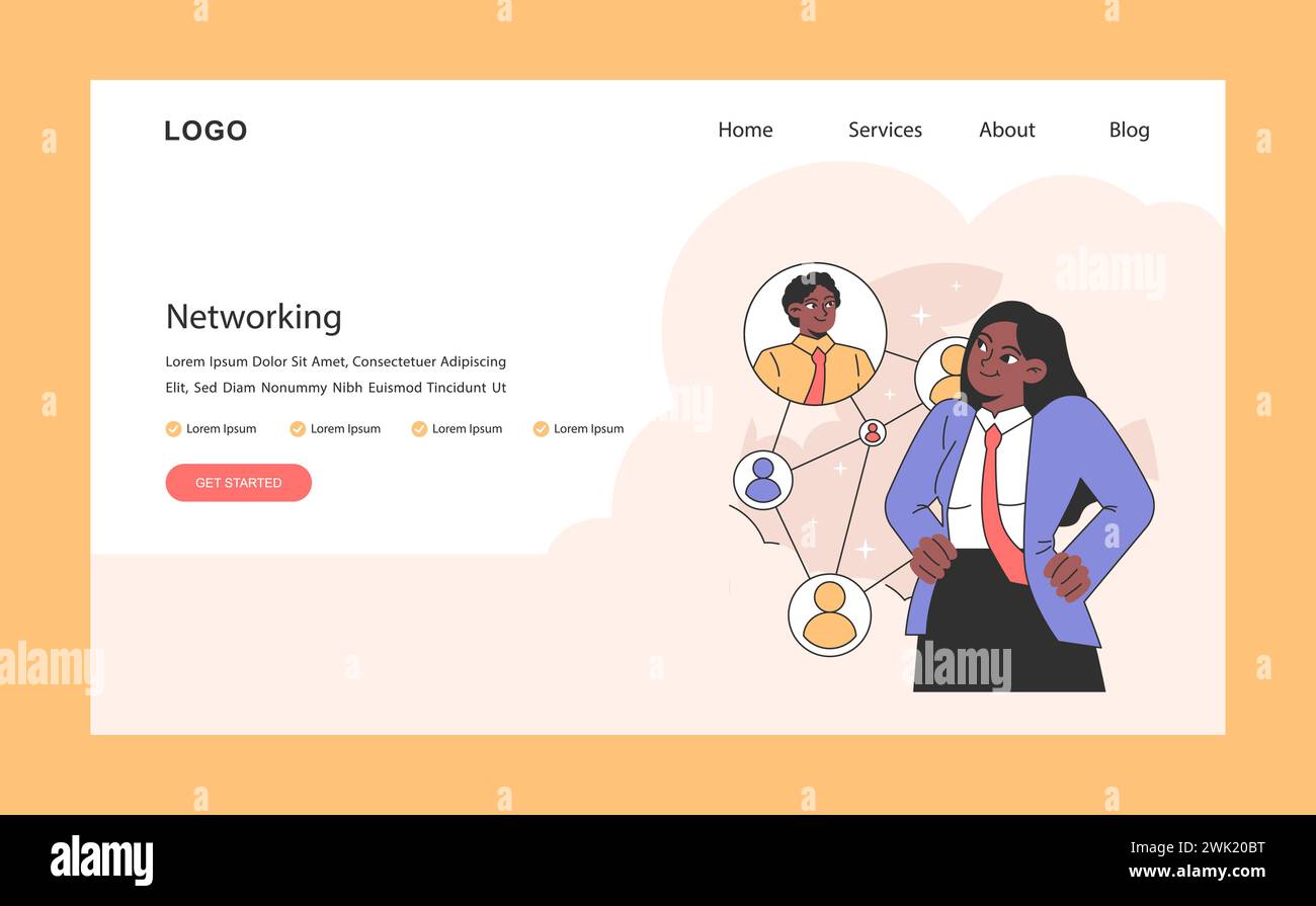 Networking web or landing. Female business character building ...