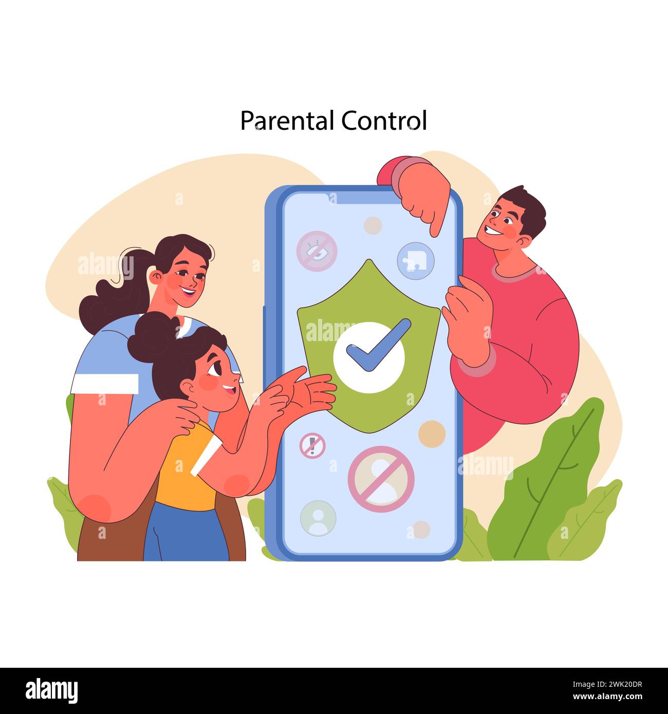 Parental control concept. Family using digital safety features to protect childs online ...