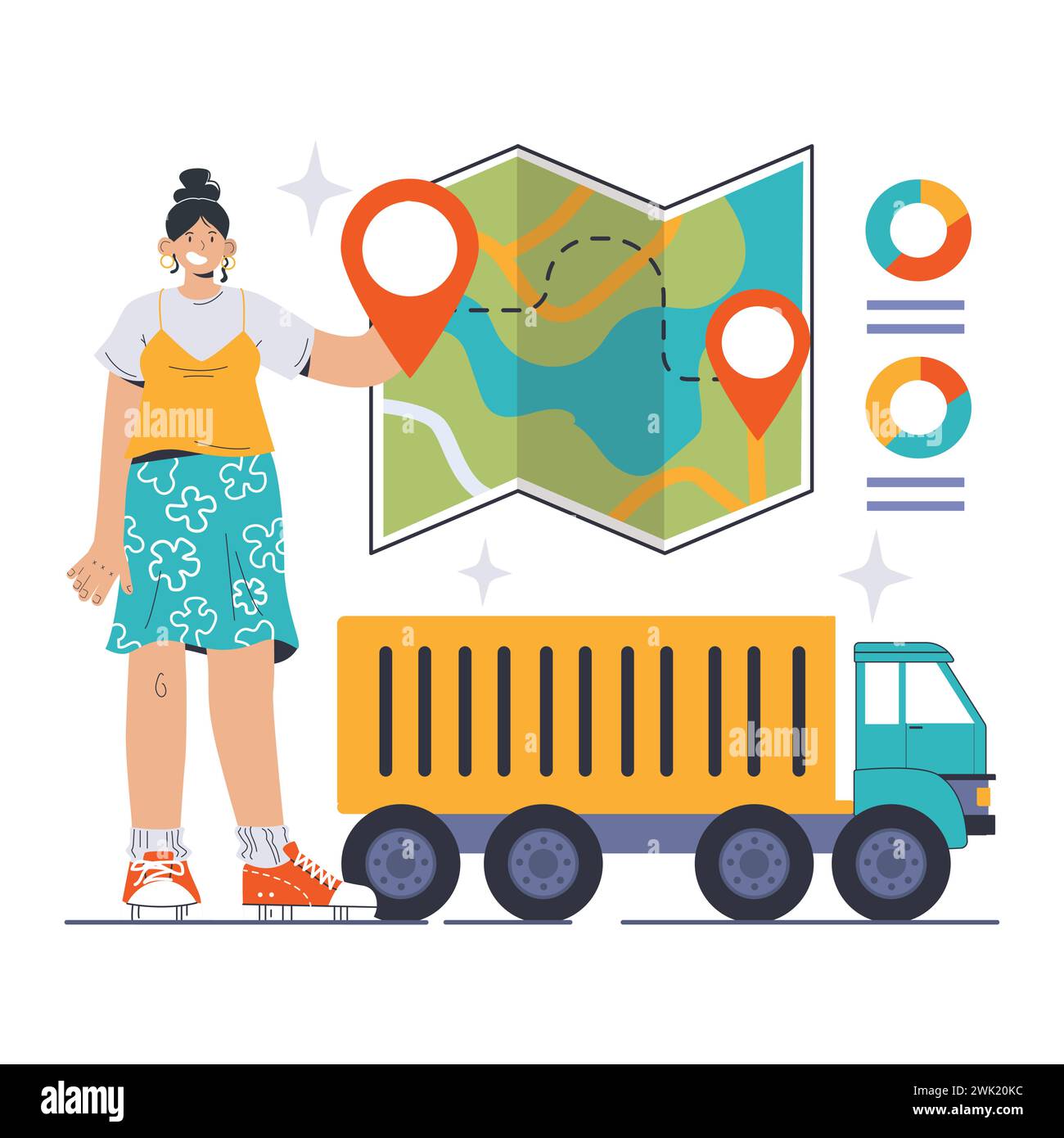 Efficient logistics concept. A confident woman presents a route map for ...