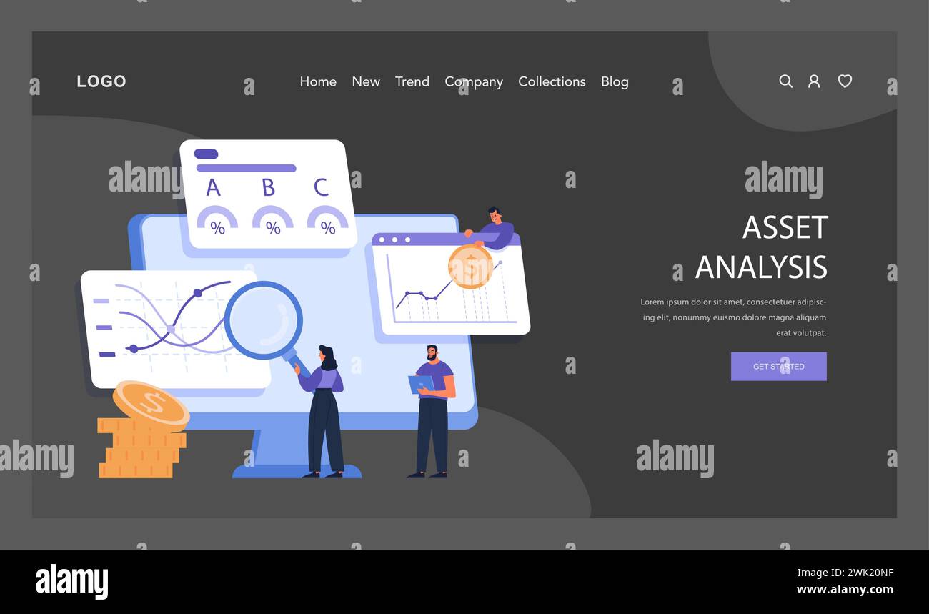 Asset Analysis dark or night mode web, landing. Detailed examination of financial instruments to ...
