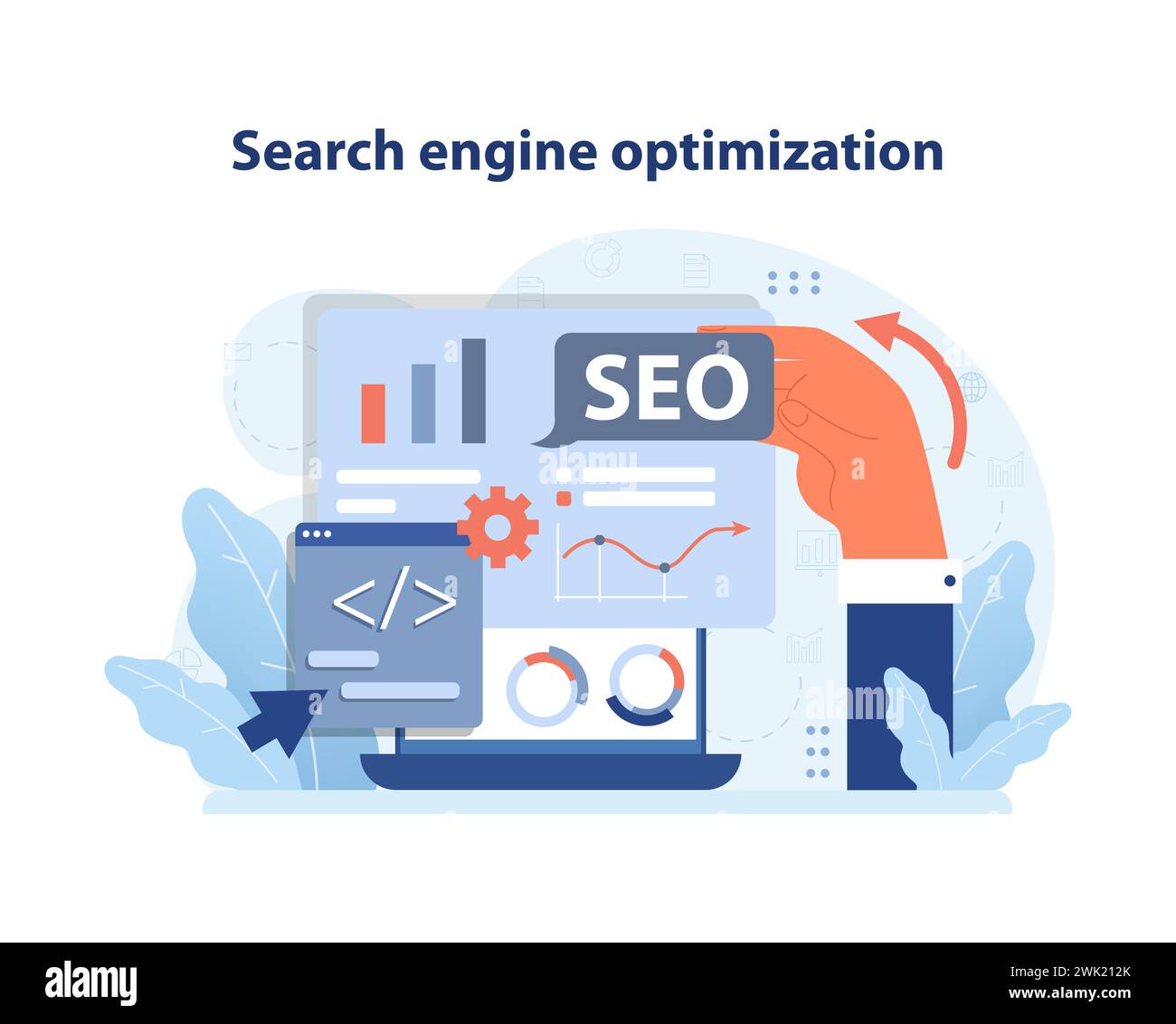 SEO Strategy Visualization. A hand fine-tunes SEO elements on a screen ...
