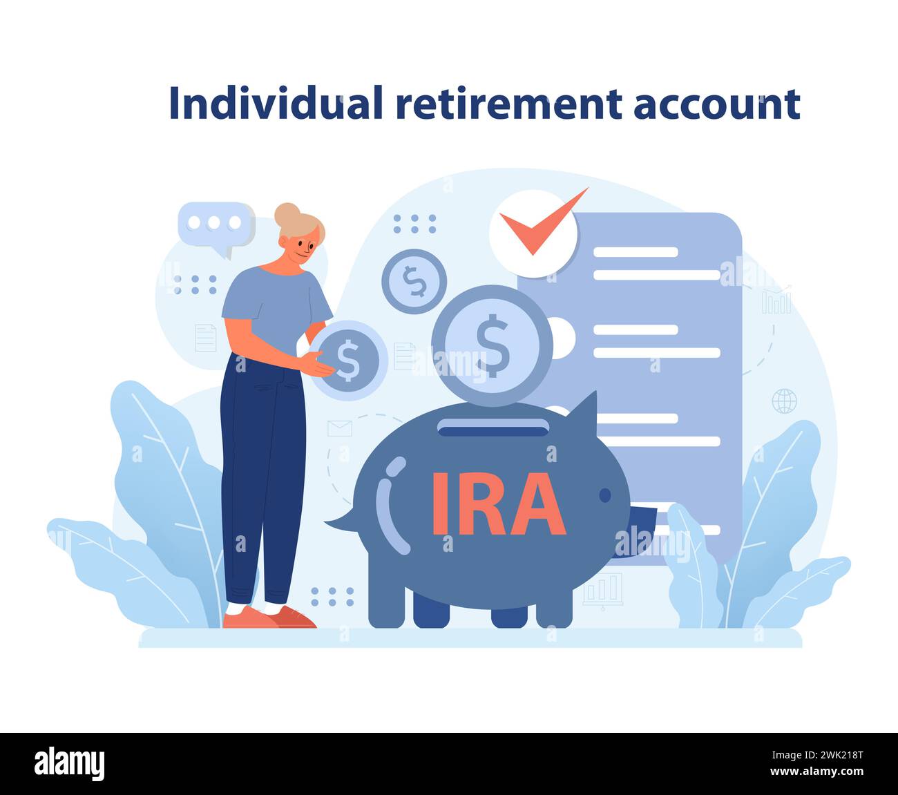 Individual Retirement Account concept. Woman placing coins with dollar ...