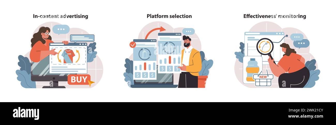Engaging vector illustrations depict in-content advertising, platform ...