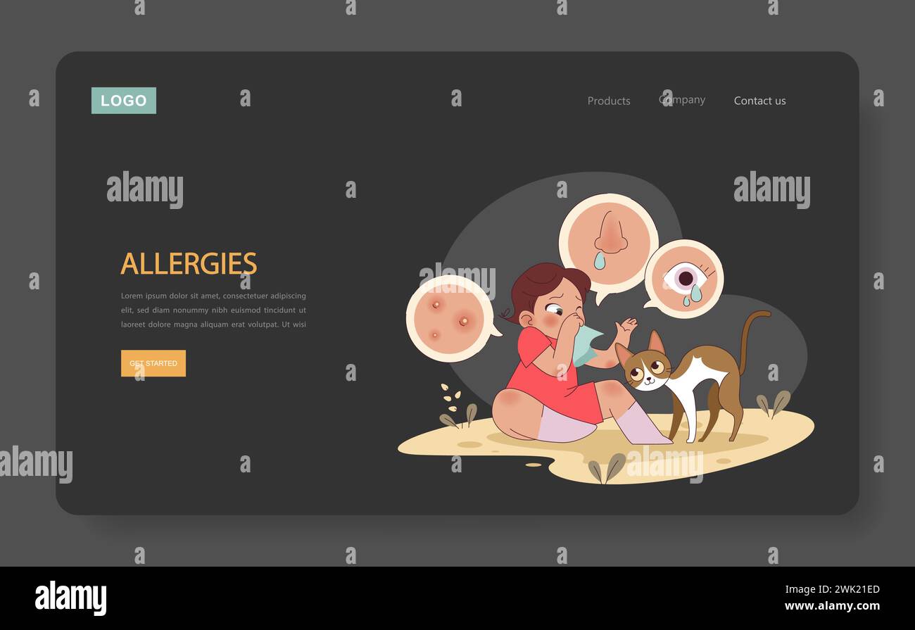 Allergies dark or night mode web, landing. A child experiences common ...