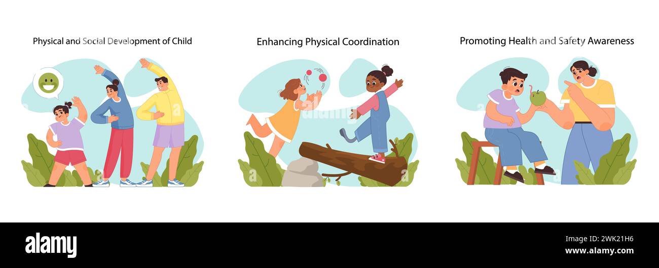 Child development set. Children in active play, balancing and parent ...