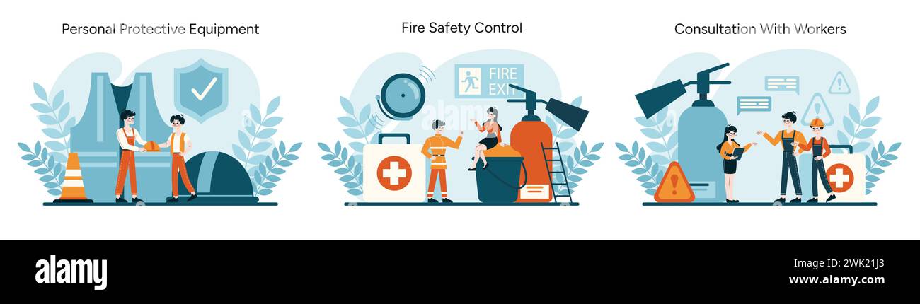 OSHA safety set. Distributing personal protective gear, ensuring fire ...