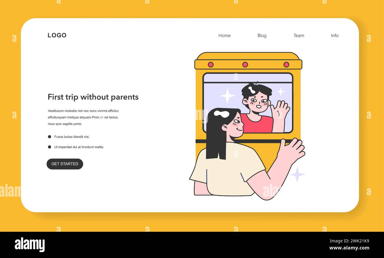 First trip without parents web banner or landing page. Boy waving to ...