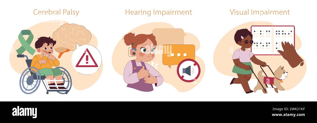 Kid Disability set. Depicting cerebral palsy, hearing, and visual ...