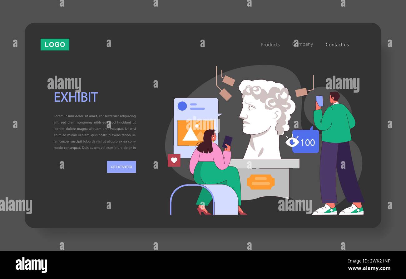 Museum or art gallery dark or night mode web, landing. Visitors ...