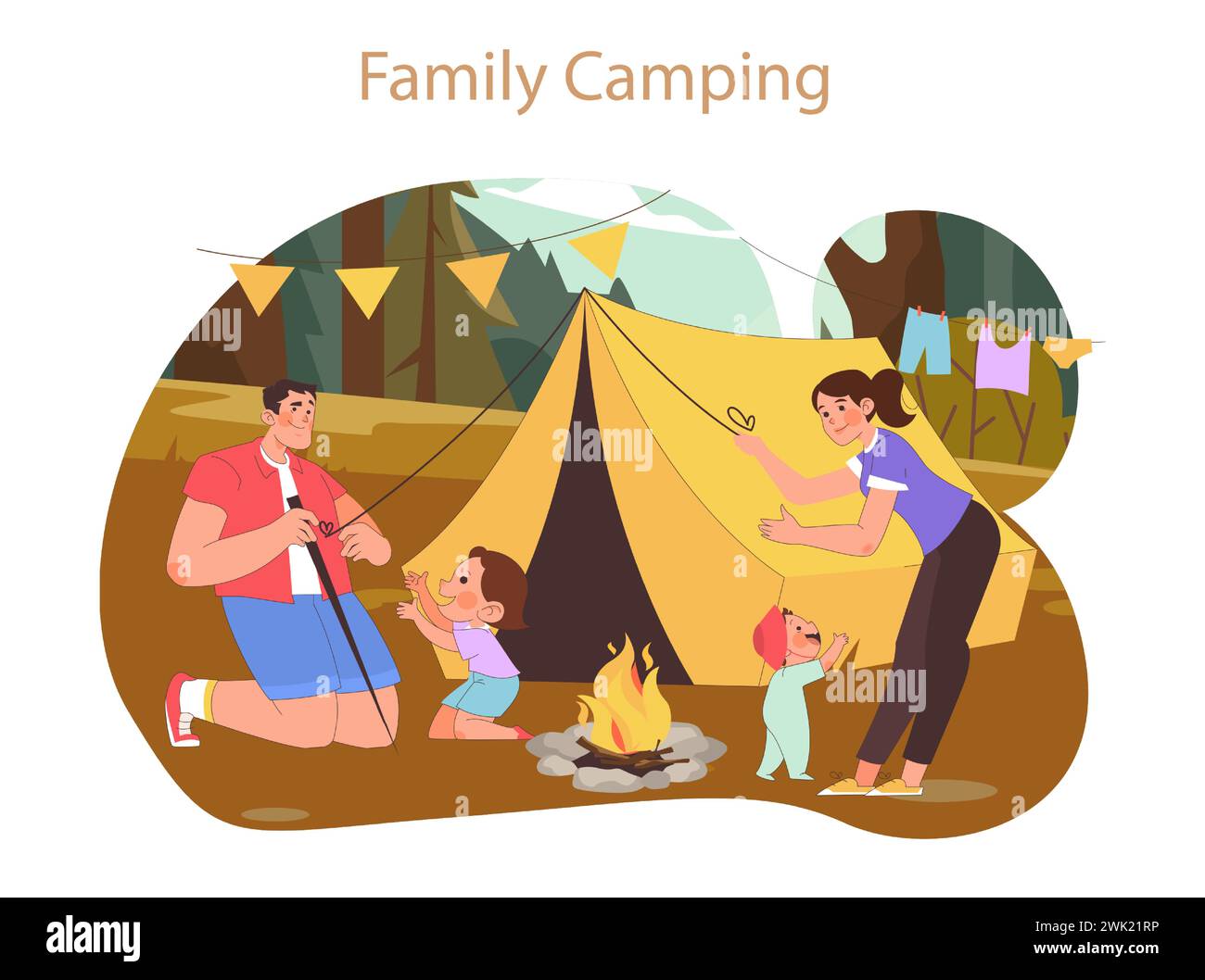 Family Camping concept. Outdoor bonding with tent setup and campfire ...