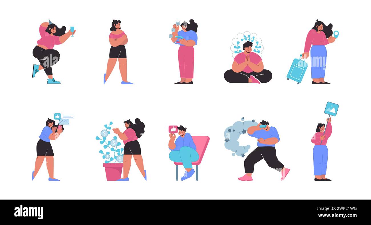 Digital engagement set. Modern professionals interact with technology ...