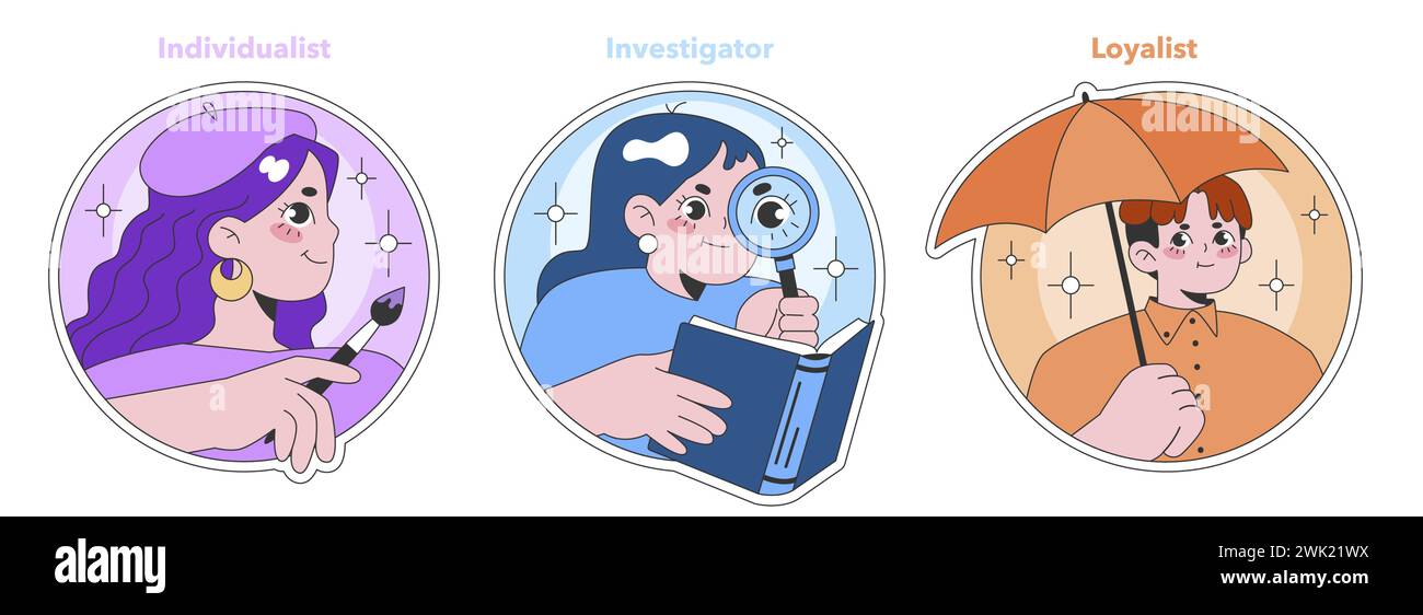 Enneagram type series. Individualist, Investigator, Loyalist characters ...