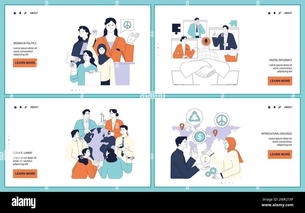 Political action web or landing set. Diverse people involved in global ...