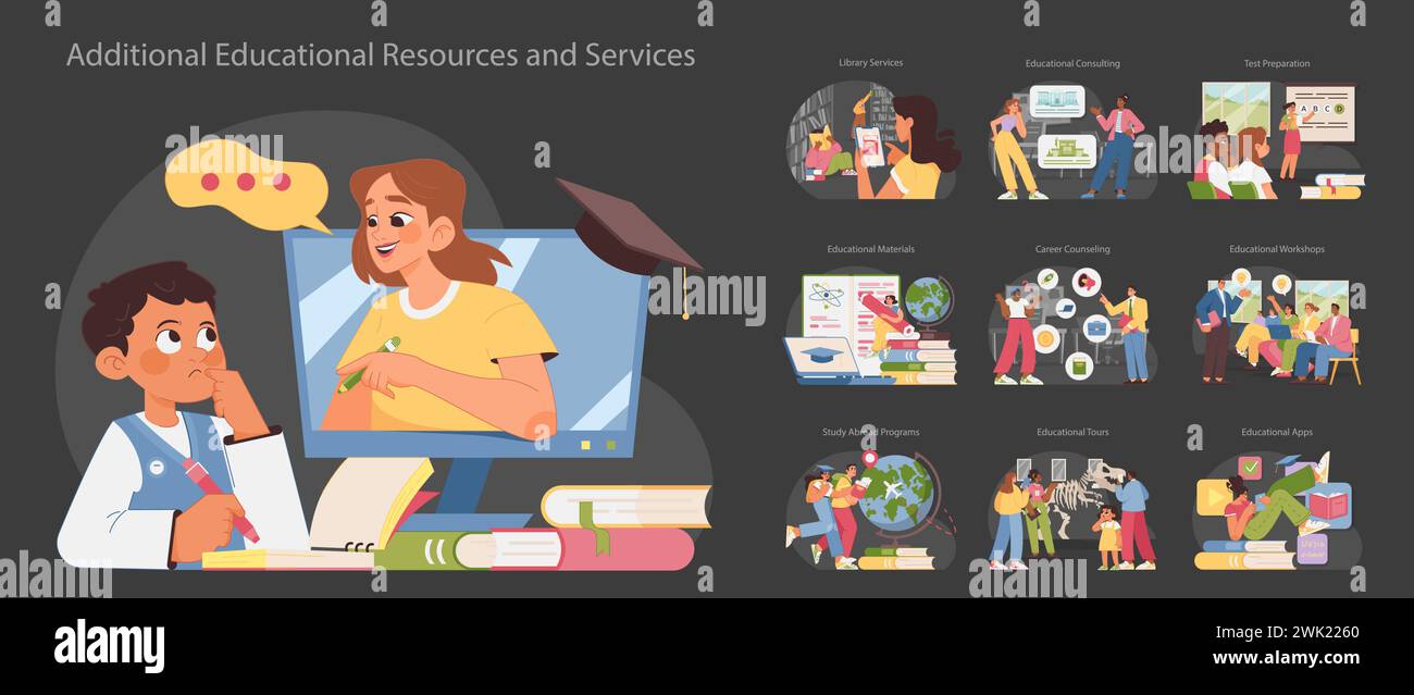 Educational resources set. People of various ages using additional ...