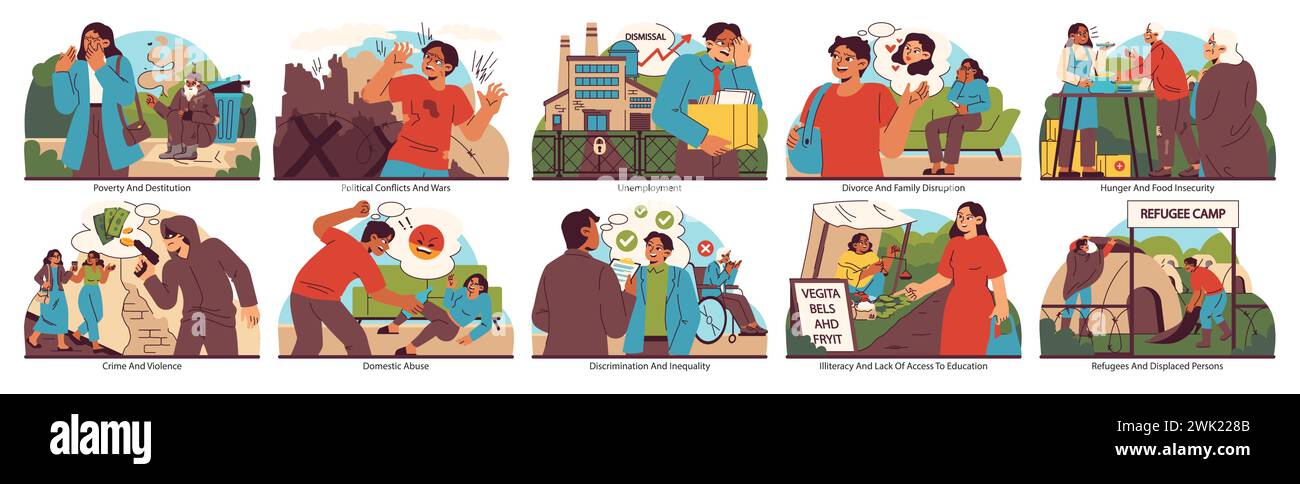 Social issues set. Portrayal of poverty, conflict, unemployment ...