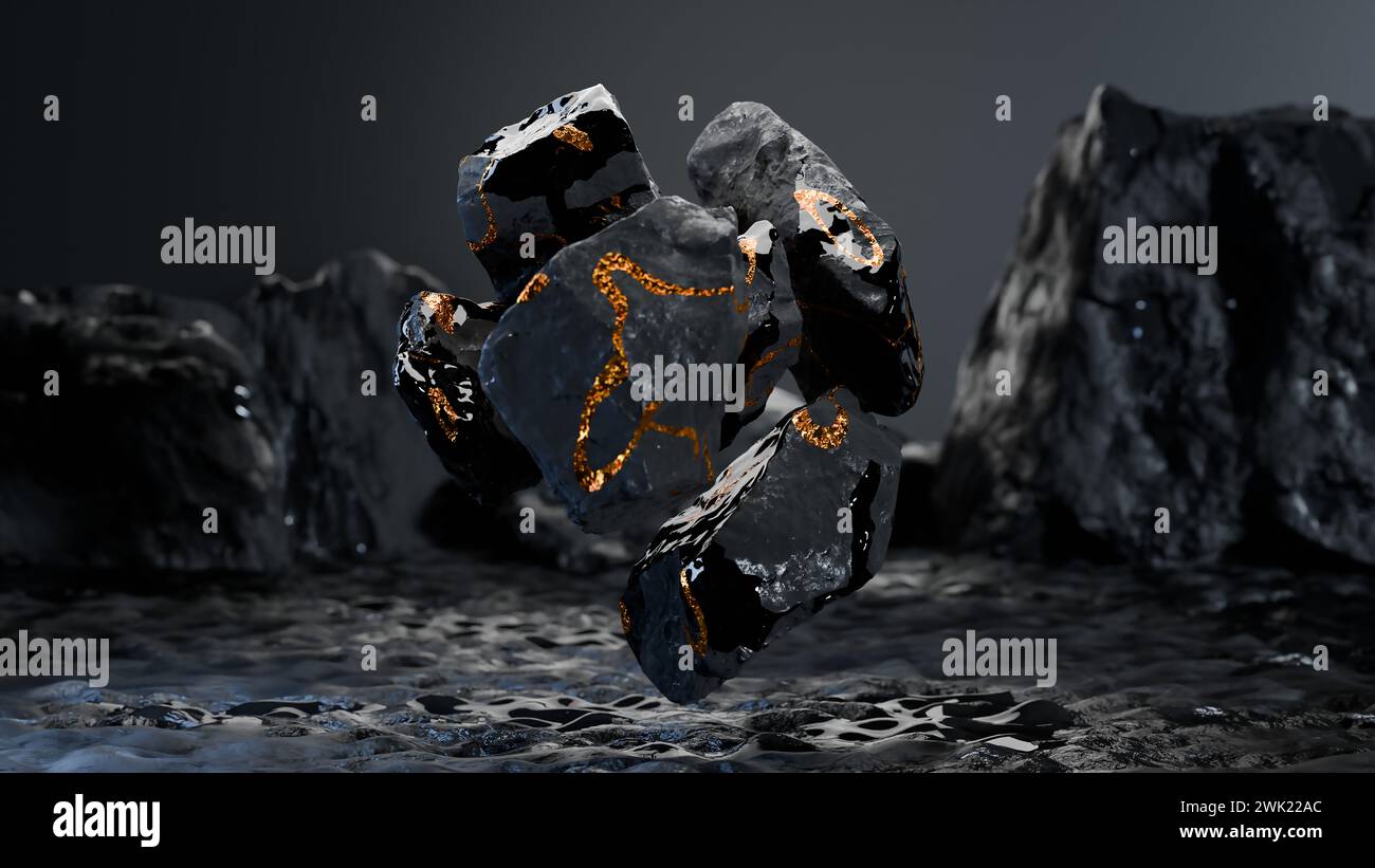 abstract background with levitating stones rocks cobblestone, asteroid ...