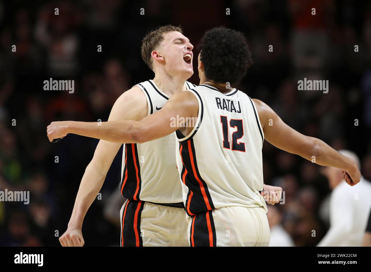 Oregon State forward Michael Rataj, right, celebrates his 3-pointer ...