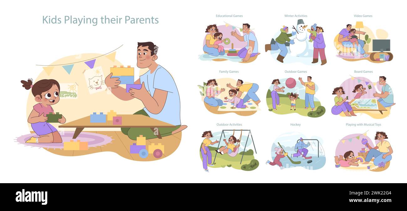 Parent-child bonding set. Engaging in playtime, indoor and outdoor games. Sharing moments in ...