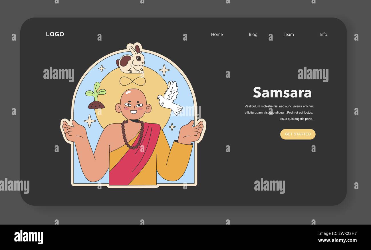 Samsara concept illustration. A monk surrounded by symbolic creatures ...