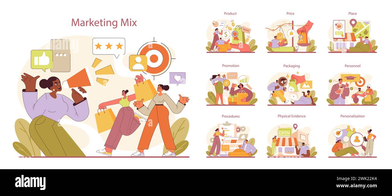 Marketing Mix set. Diverse business strategies from product development to personalization ...