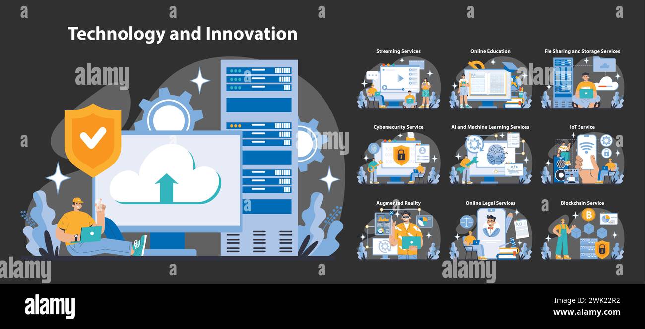 Technology and Innovation night or dark mode set. Digital era services ...