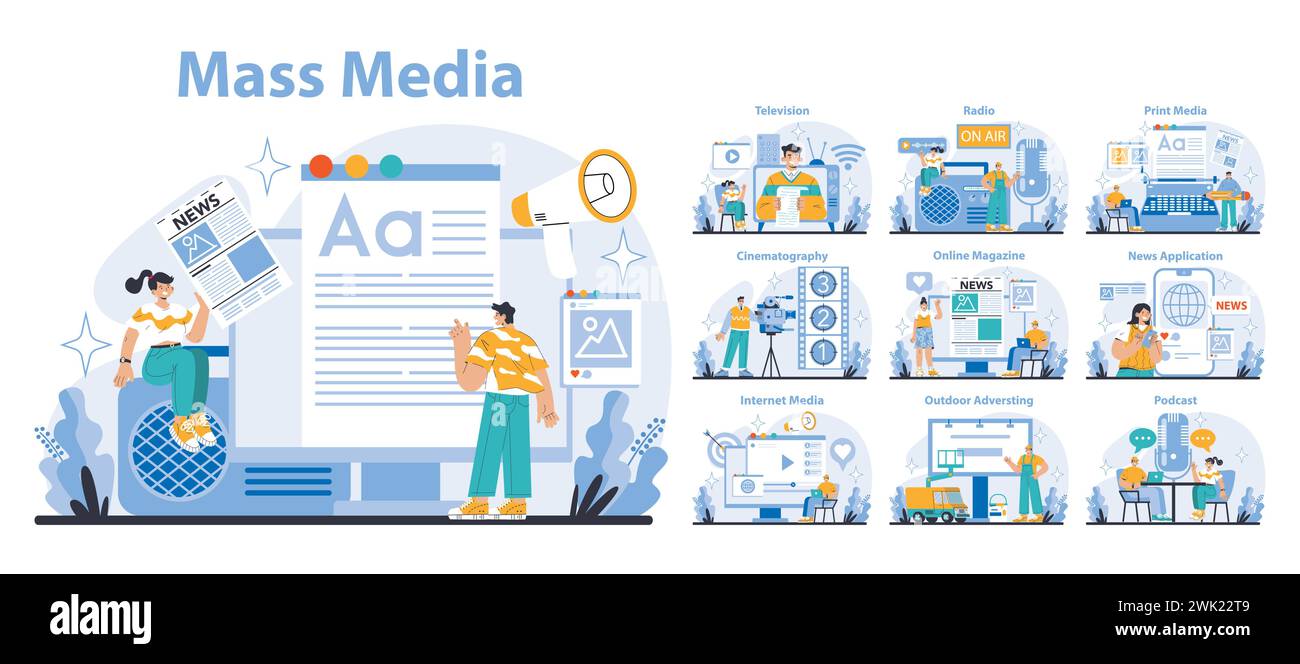 Mass media set. Diverse digital platforms and broadcasting methods ...
