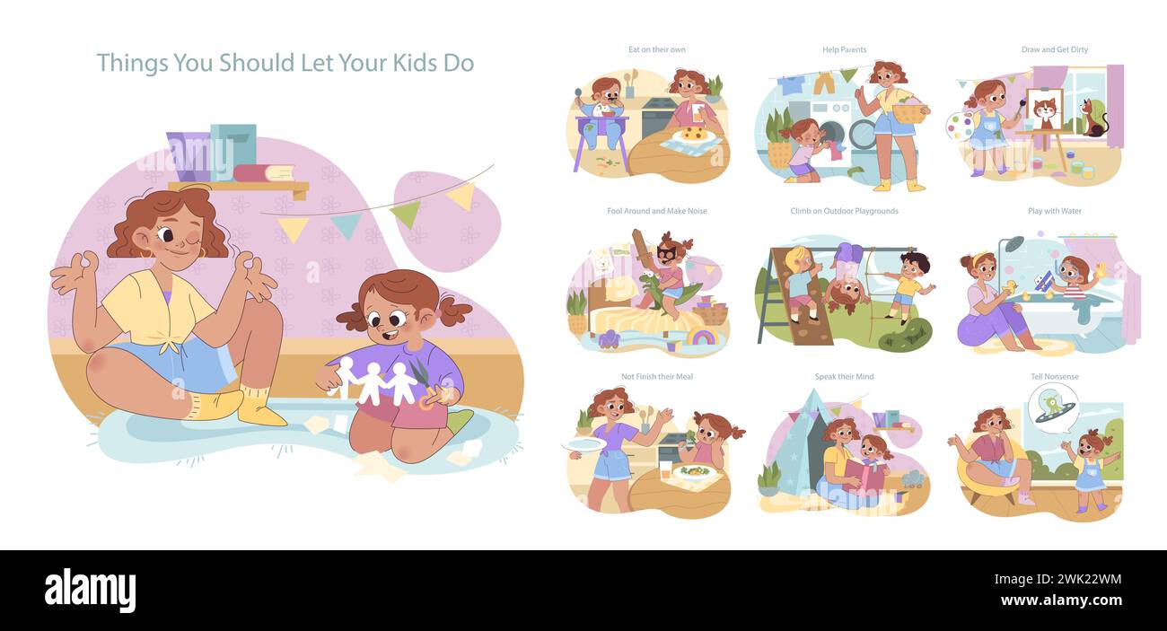 Childhood Activities set. Creative play and household involvement ...