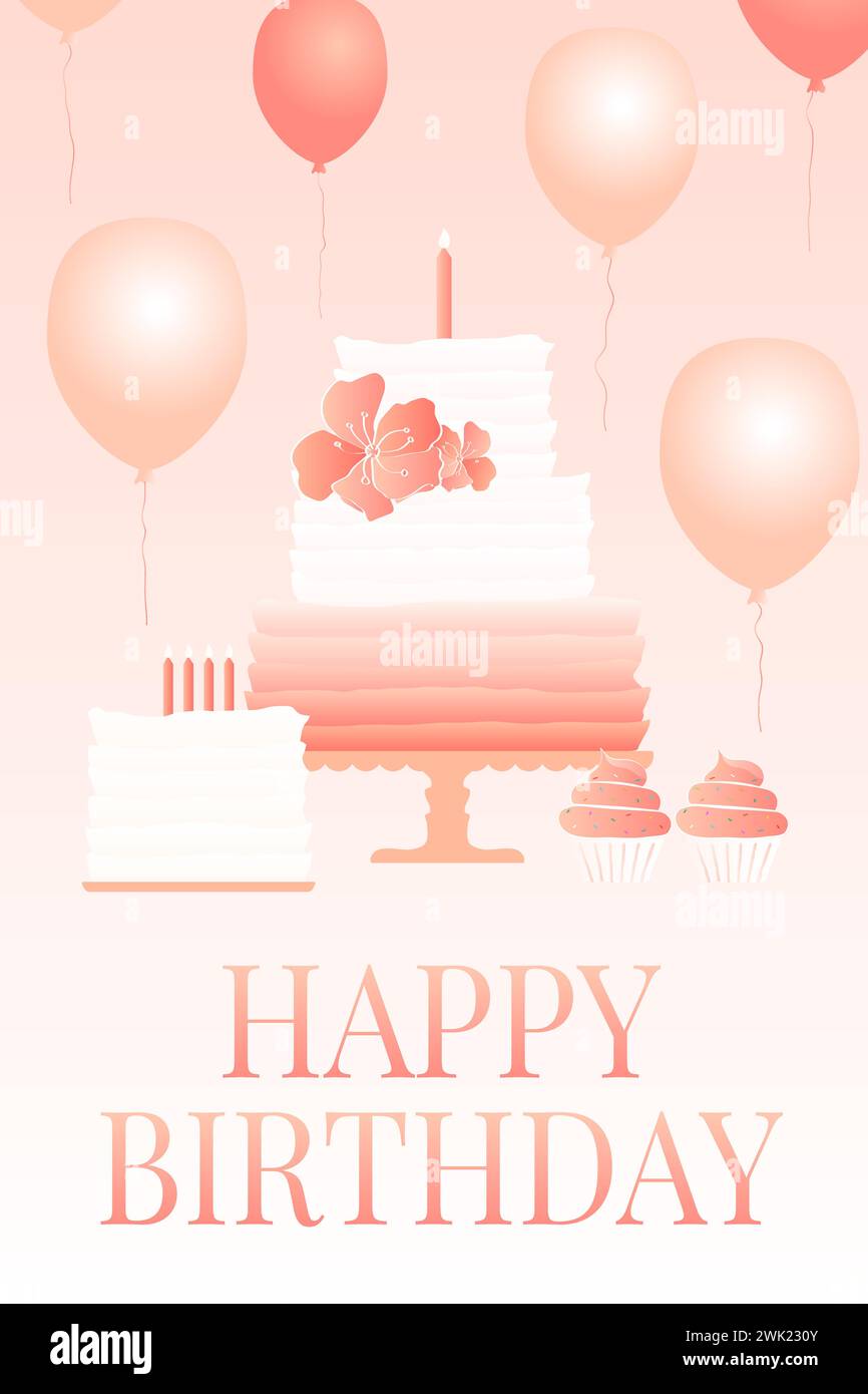 Peach Happy Birthday Congratulation Card or Postcard Illustration With ...