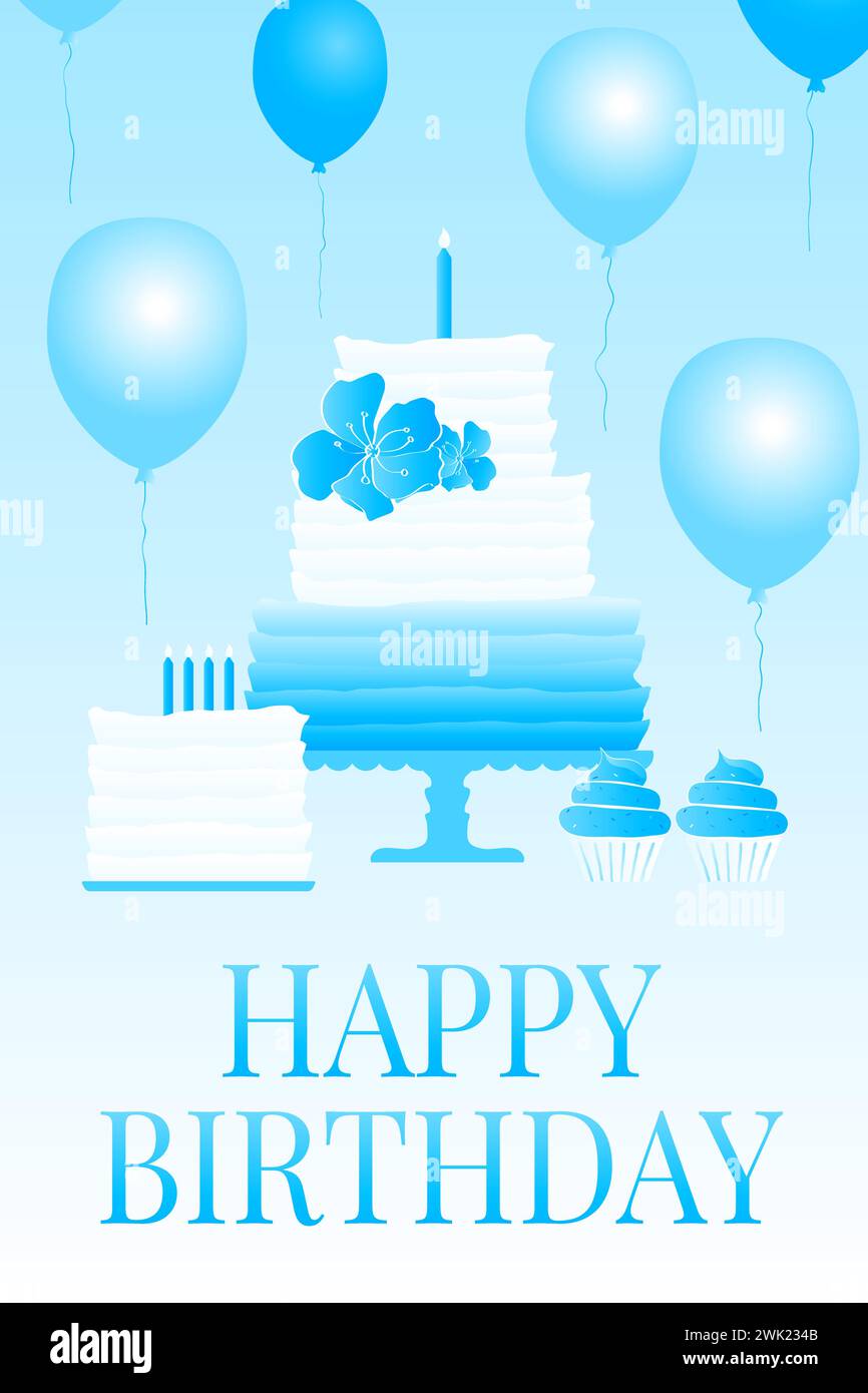 Blue Happy Birthday Congratulation Card or Postcard Illustration With Cake and Balloons Stock ...