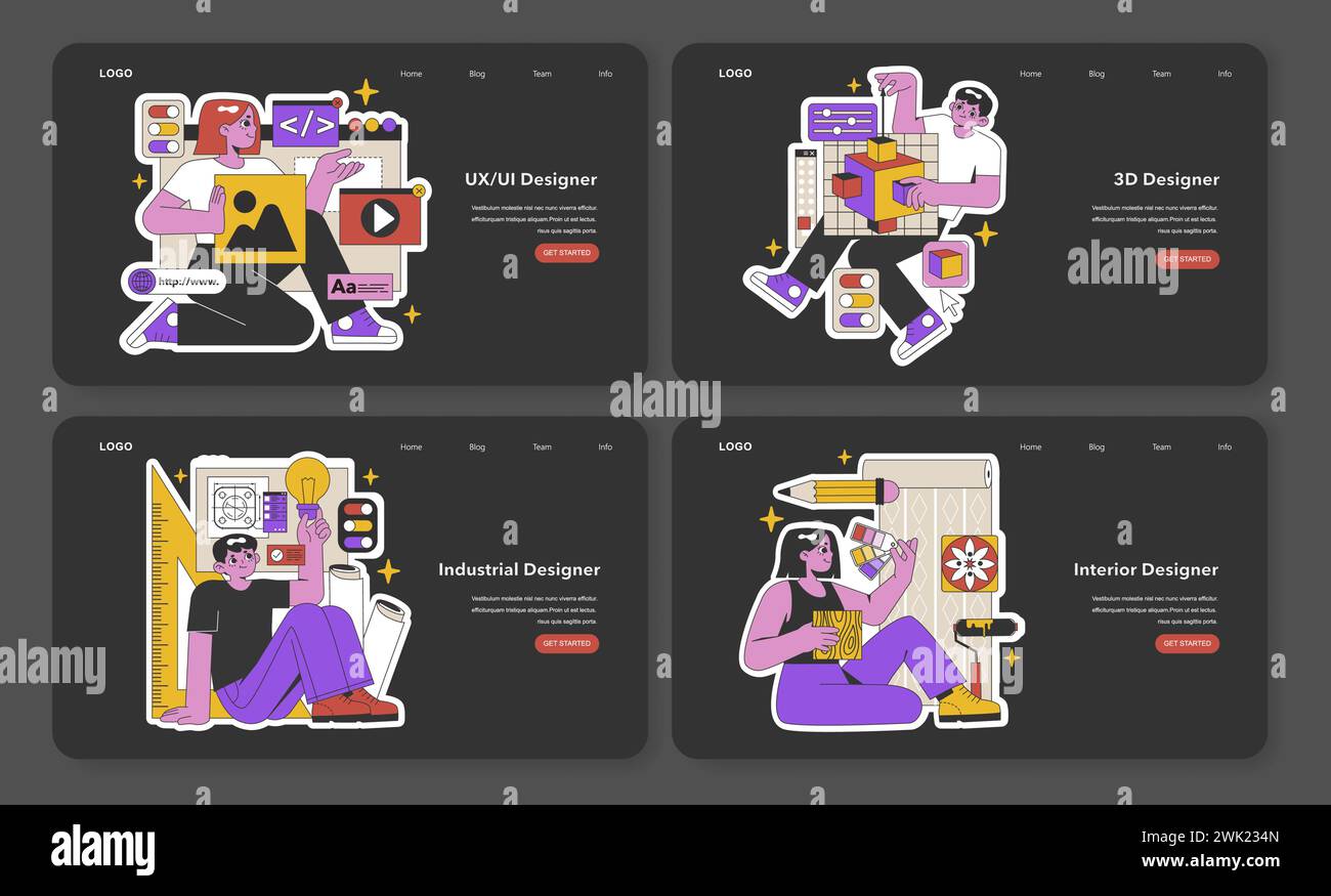 Contemporary Design Experts set. Visionaries in UX UI, 3D, industrial, and interior design craft ...