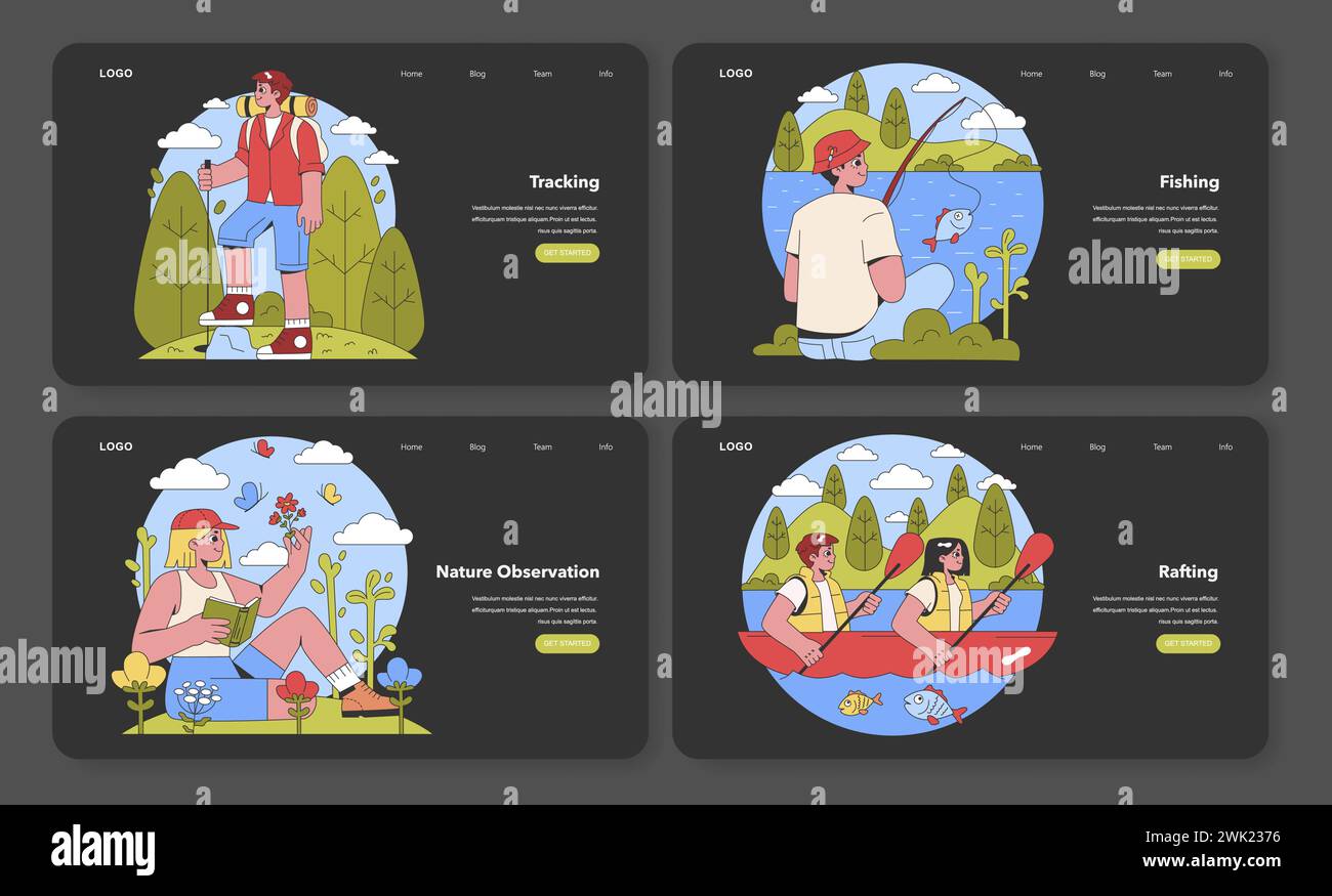 Outdoor Adventure set. Hiking through lush trails, angling for the big ...