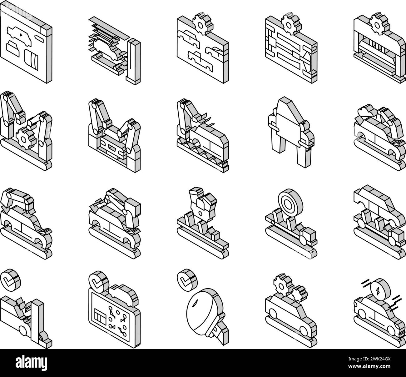 Car Factory Production Collection isometric icons set vector Stock ...