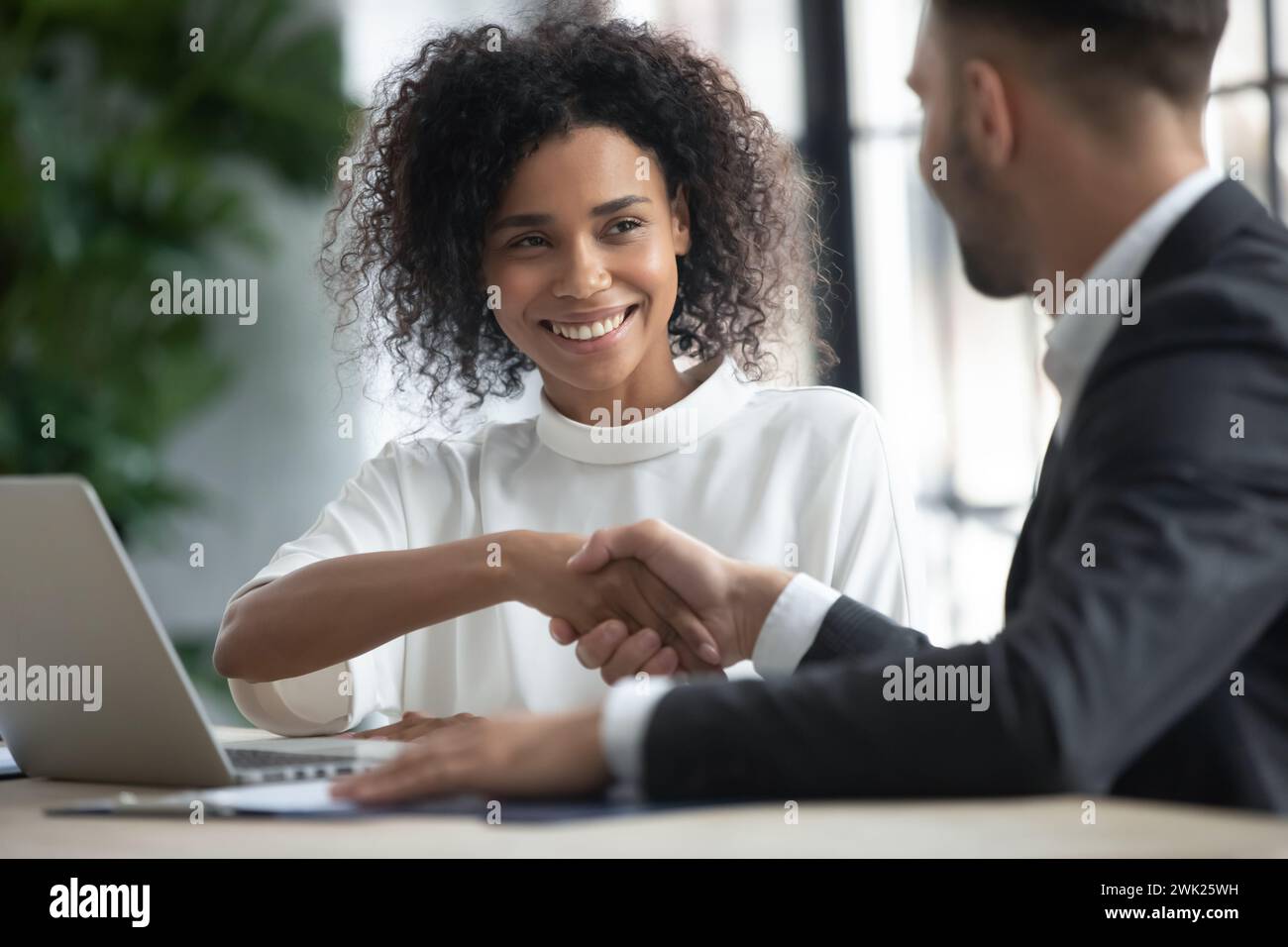 Happy loan manager shaking hands with client in modern office Stock ...