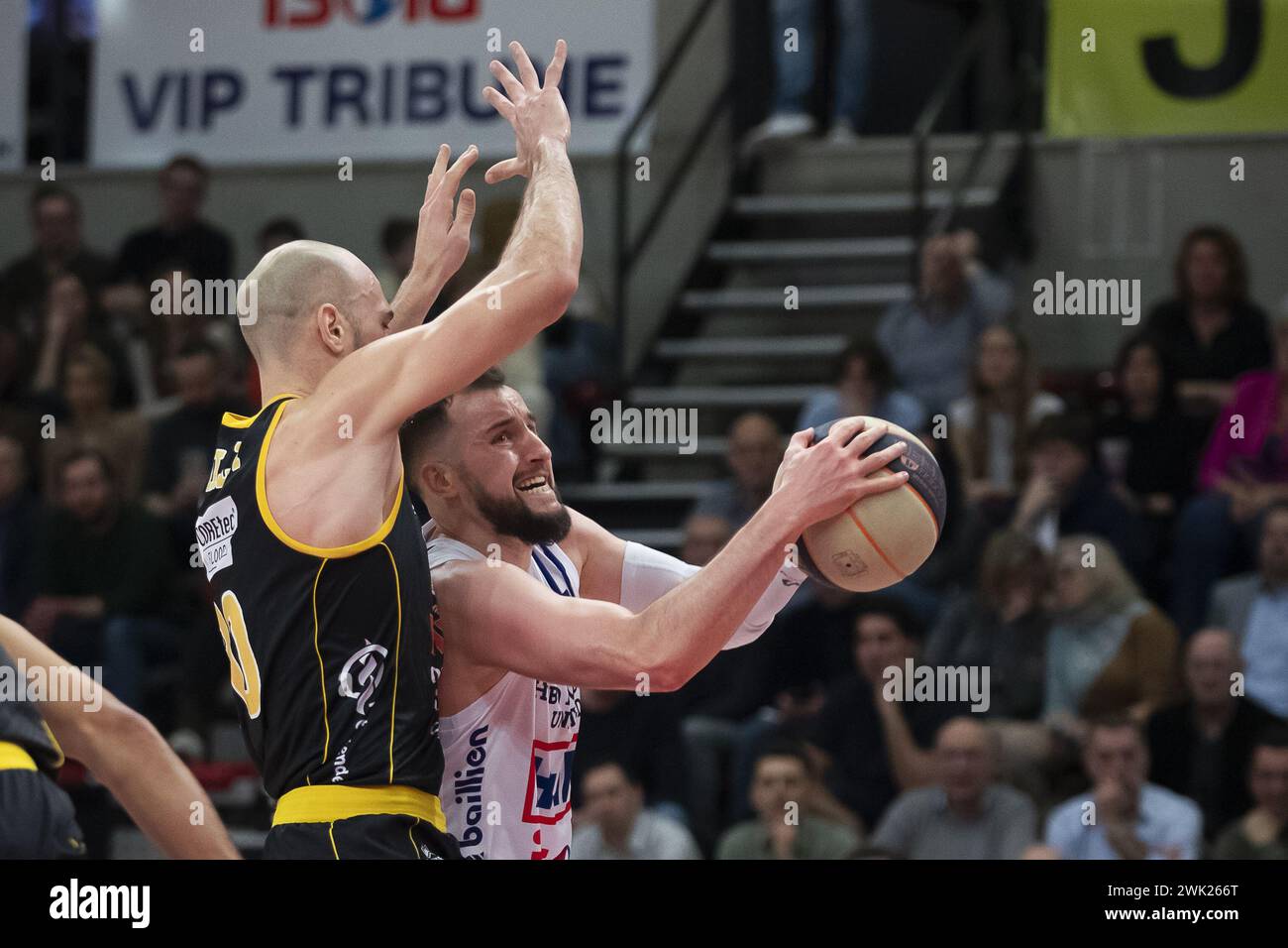 Hasselt, Belgium. 17th Feb, 2024. Oostende's Pierre-Antoine Gillet and ...