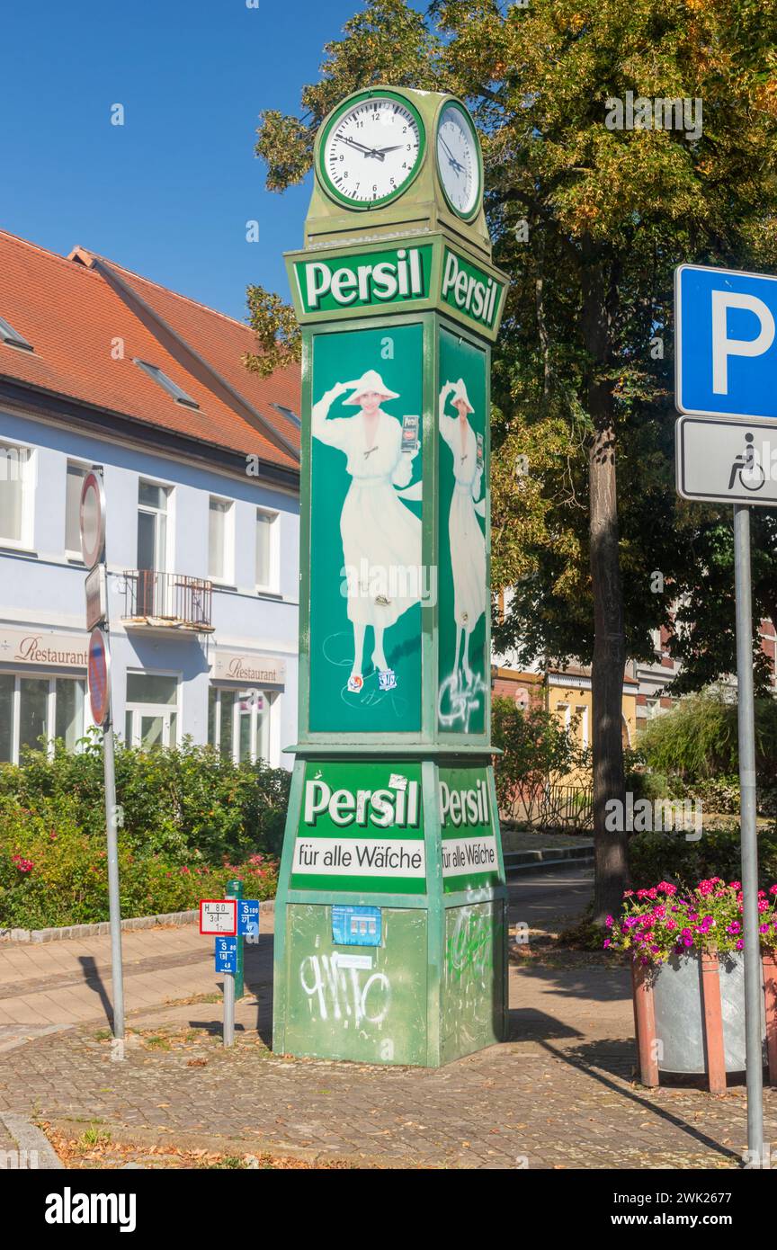 Genthin, Germany - September 9, 2023: Clock with Persil advertisement ...