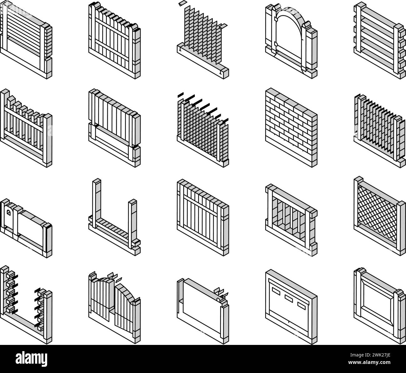 Fence And Gate Exterior Security isometric icons set vector Stock ...
