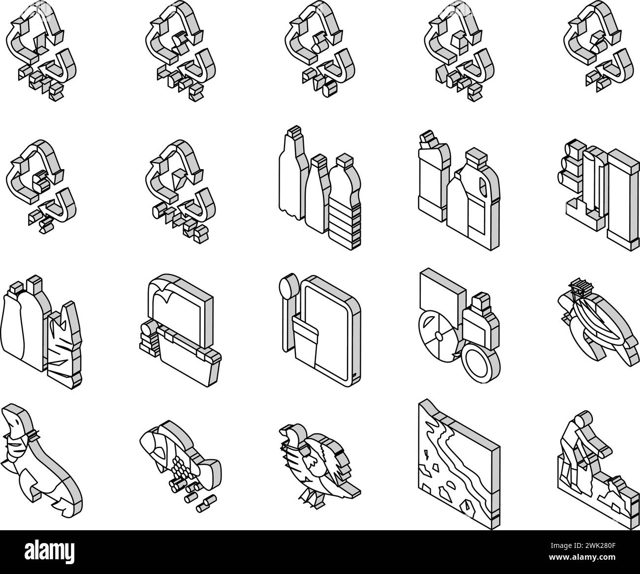 Plastic Waste Nature Environment isometric icons set vector Stock ...