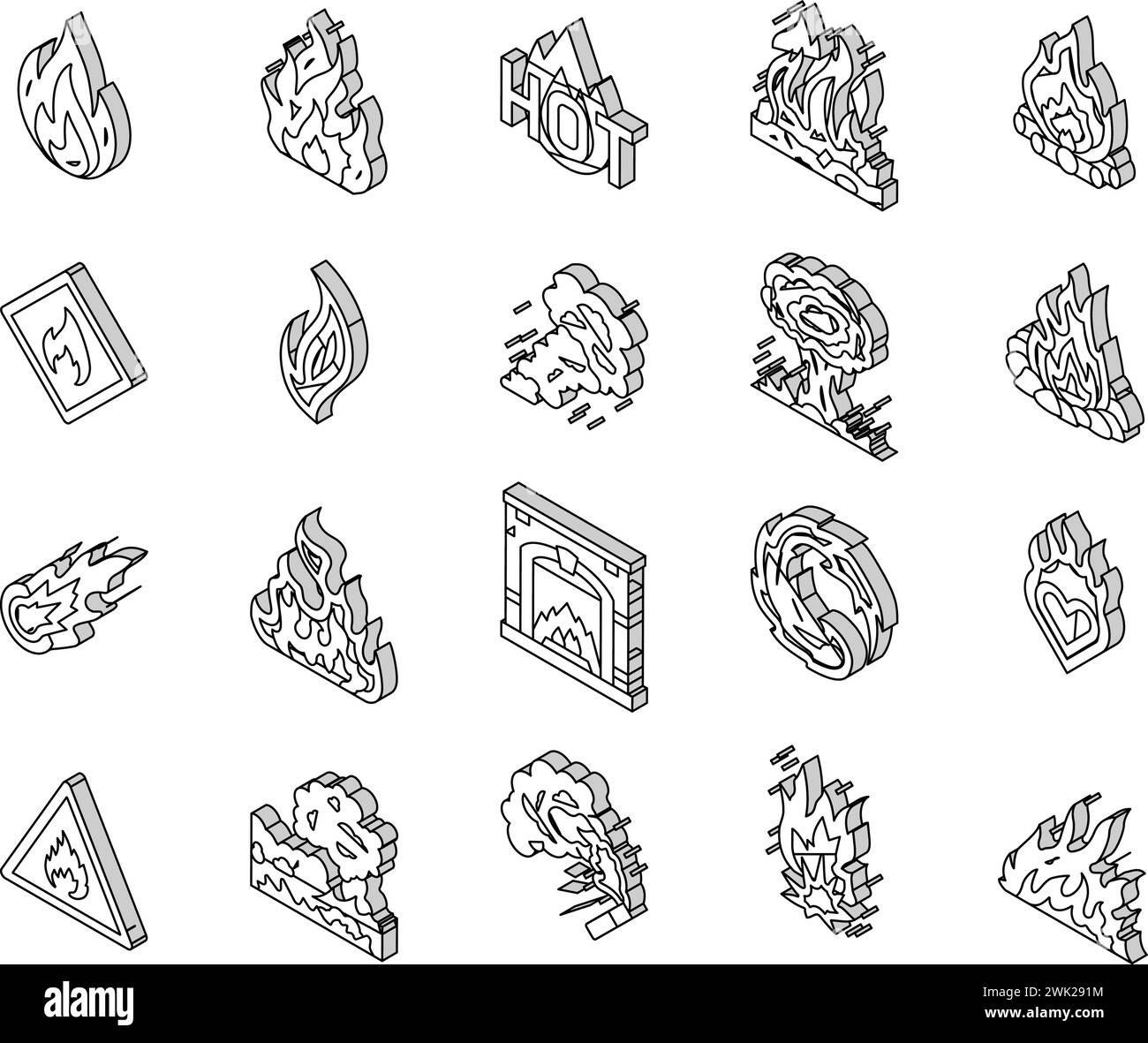 flame hot fire burn bonfire heat isometric icons set vector Stock ...