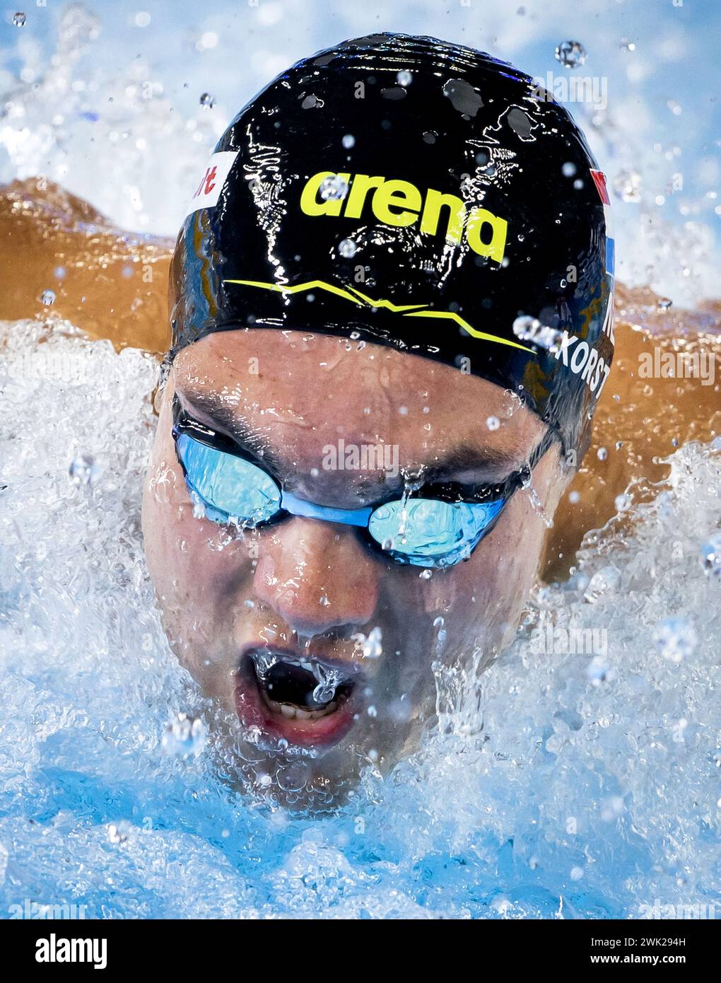 DOHA - Nyls Korstanje in action in the men's 4 x 100 medley during the ...