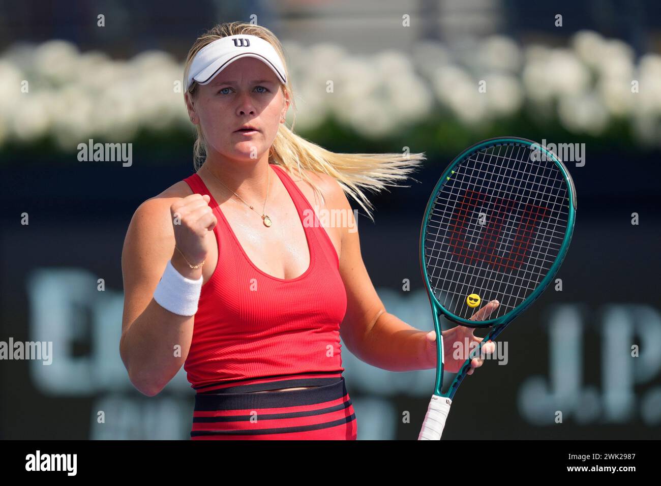 Peyton Stearns of the U.S. reacts after winning a point against Mirra ...