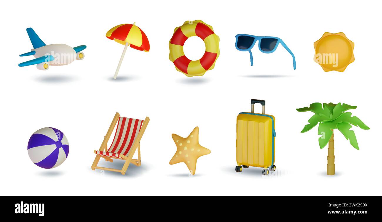 3d set of travel icons on white background. Vacation, airplane, palm ...
