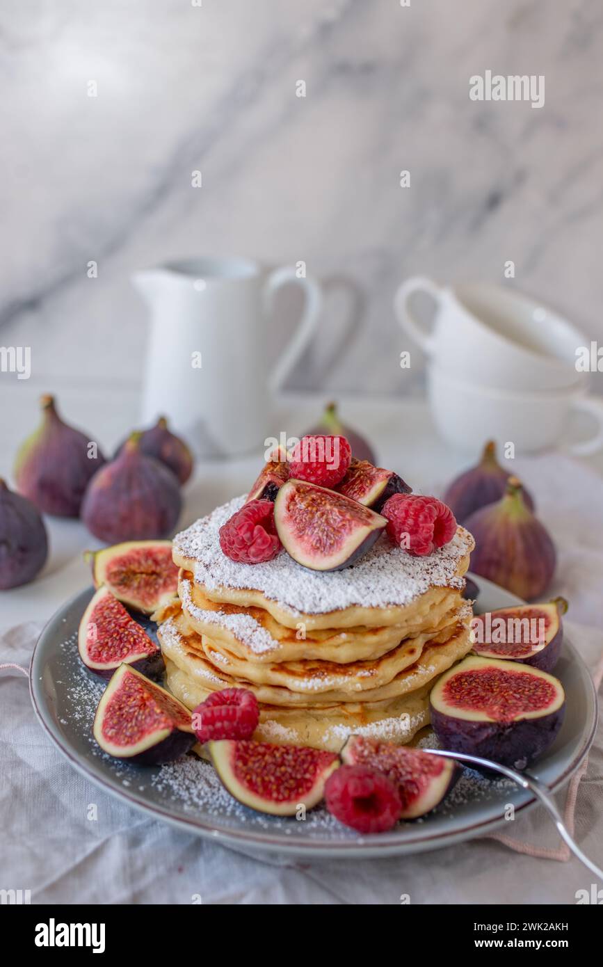 Pancake tower with fresh figs Stock Photo - Alamy