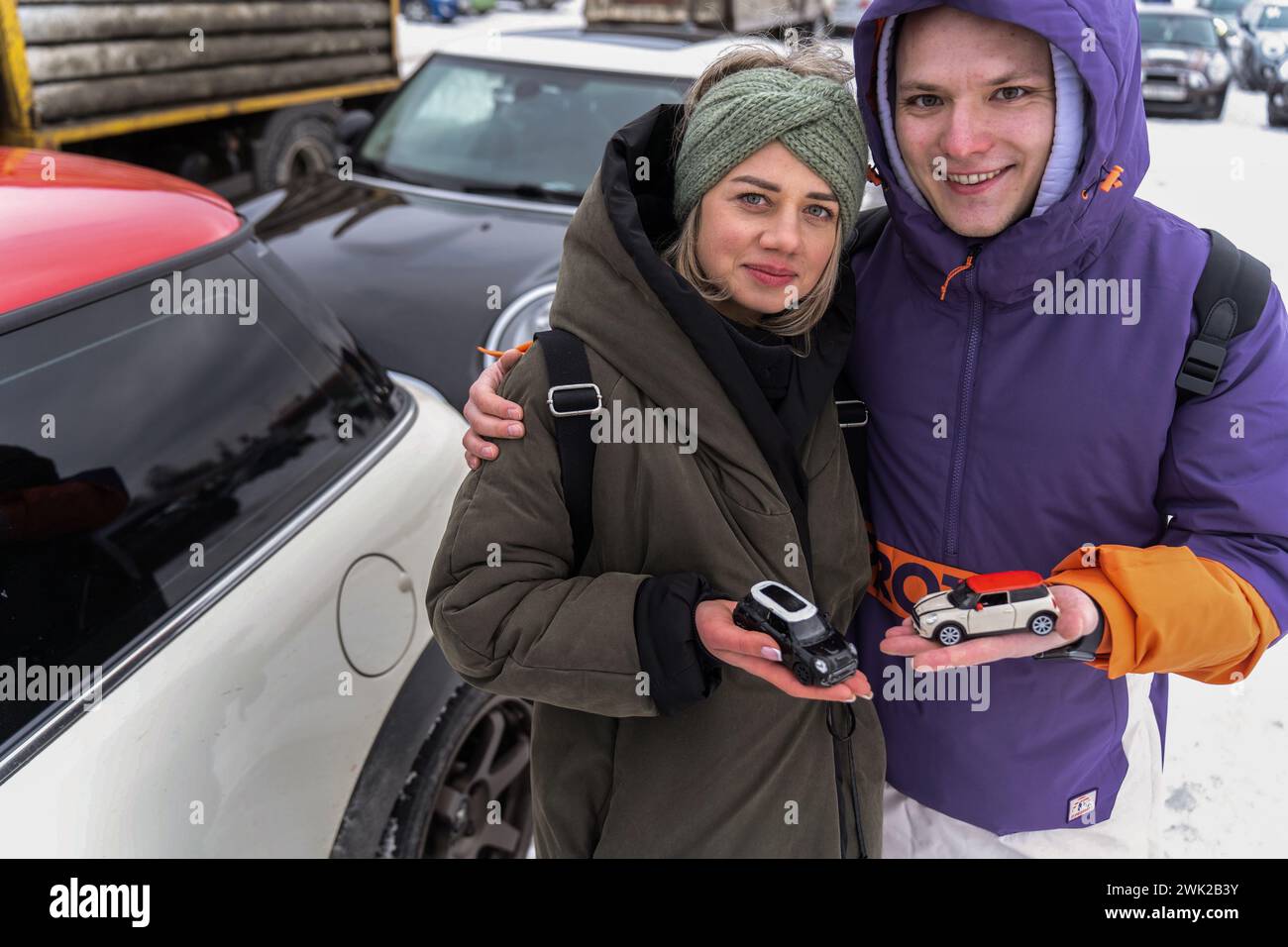 Odintsovo, Russia. 17th Feb, 2024. Owners of Mini Cooper cars hold toy ...