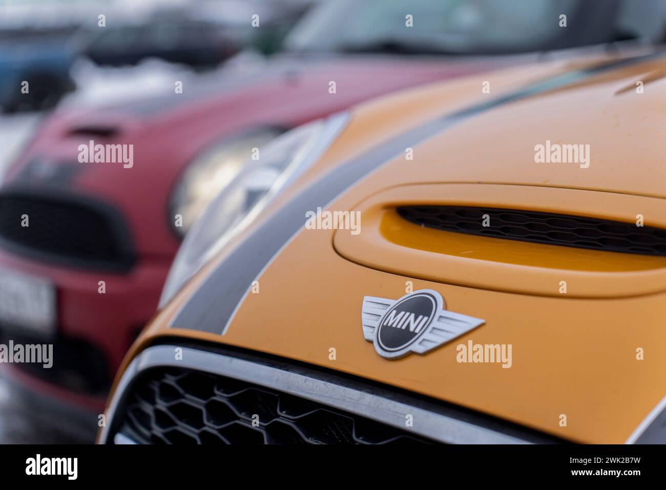 Odintsovo, Russia. 17th Feb, 2024. The logo of the Mini Cooper brand on ...