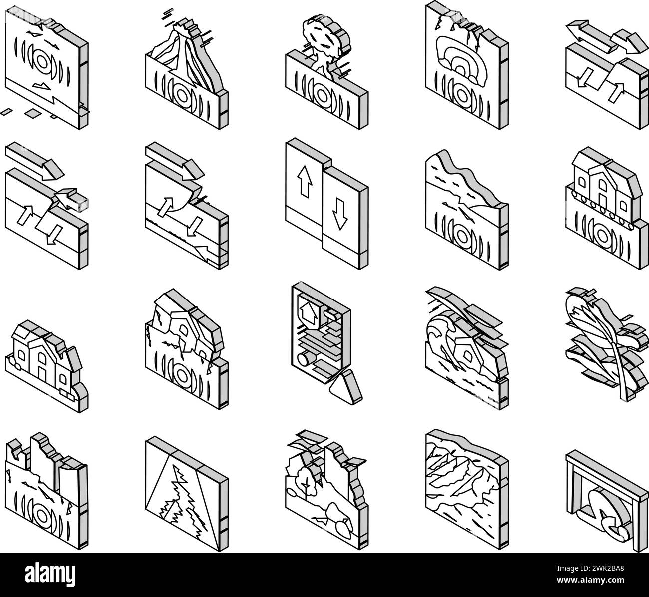 earthquake disaster wave crack isometric icons set vector Stock Vector ...