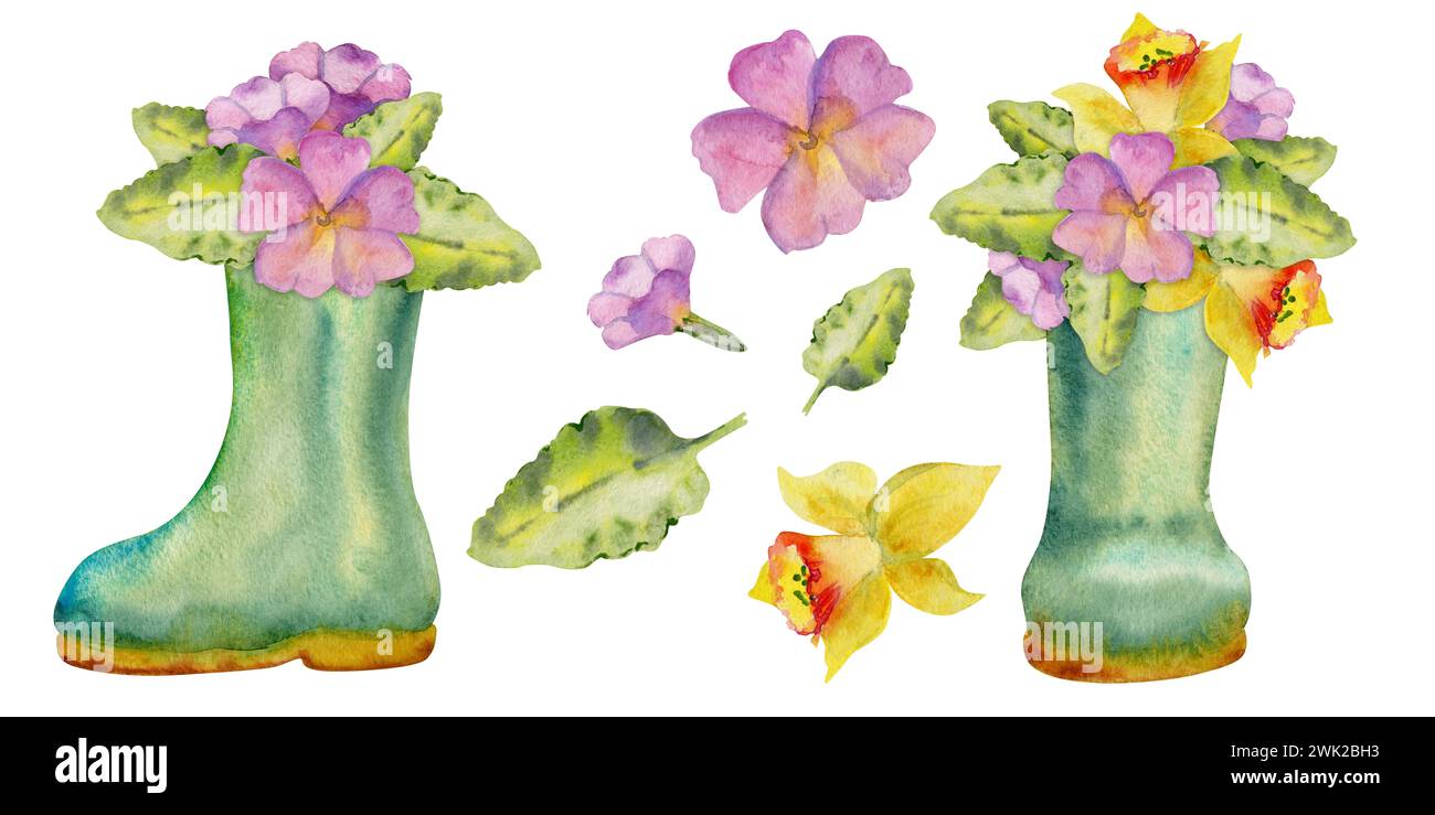Hand drawn watercolor illustration spring gardening shoes, green rubber ...