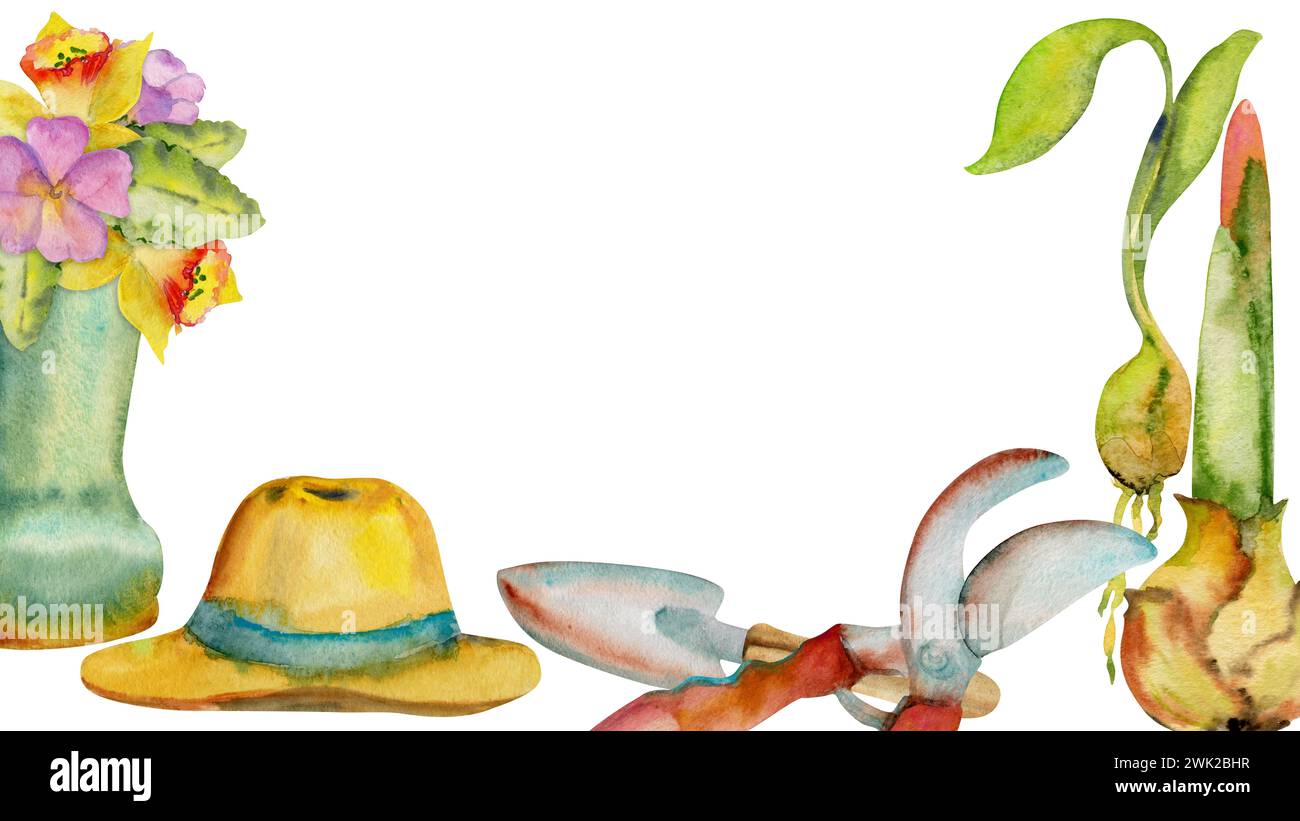 Hand drawn watercolor illustration spring gardening tools, rubber boots ...