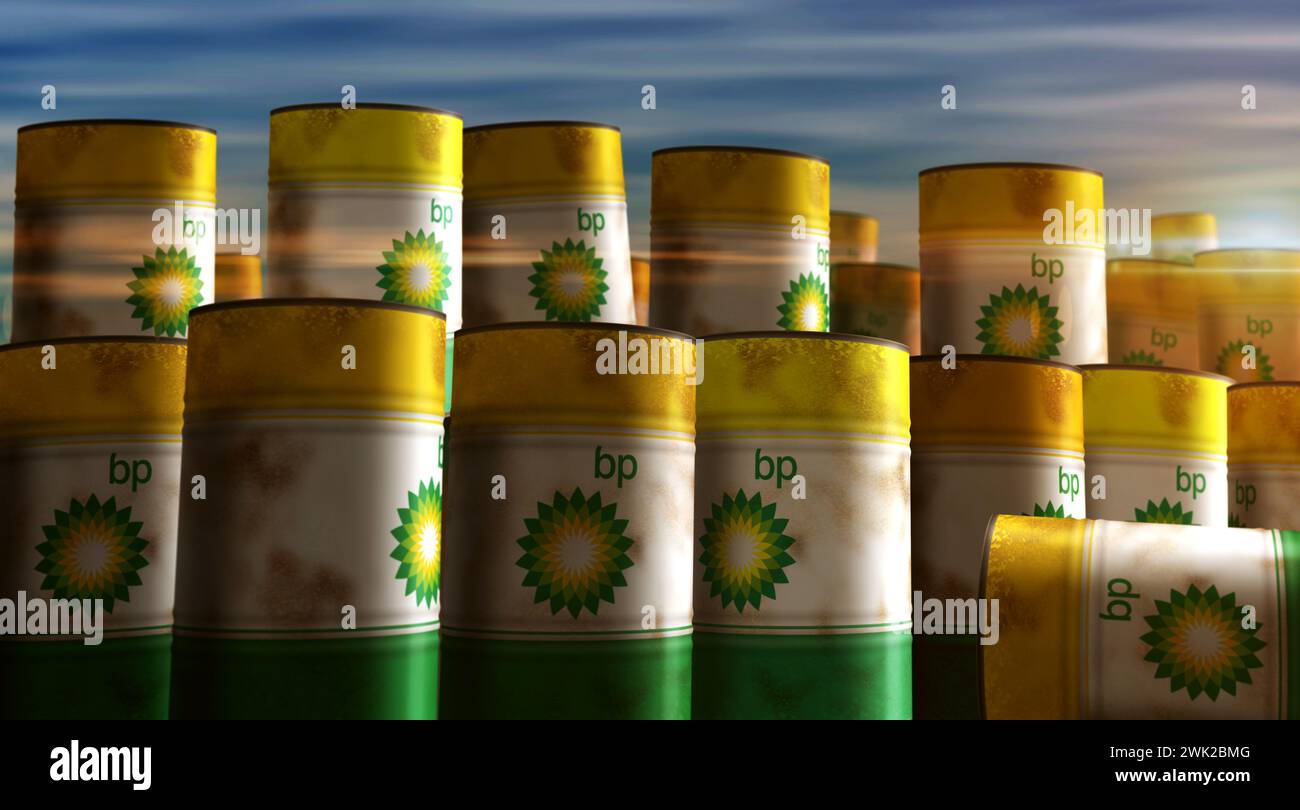 Poznan, Poland, February 14, 2024: BP oil fuel and gas barrels in row ...
