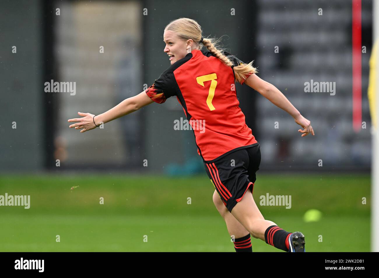 Megan Watson (7) of Belgium pictured celebrating after scoring the 1-0 ...