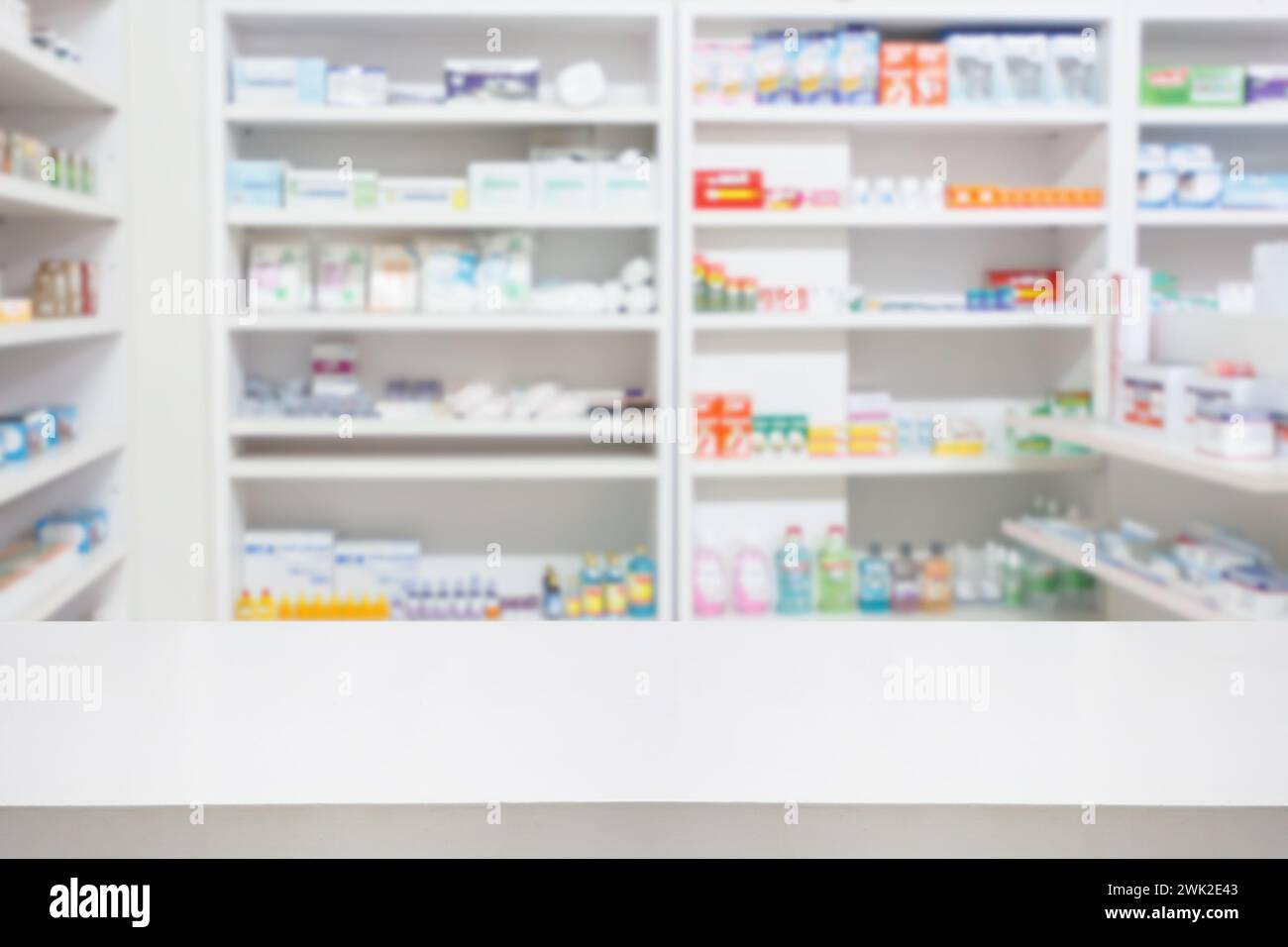 Pharmacy drugstore counter table with blur abstract backbround with ...
